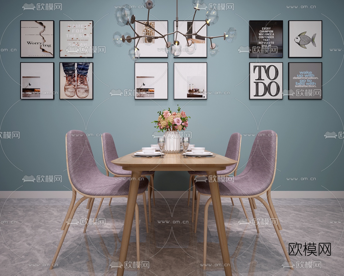 北欧餐桌椅吊灯餐具组合3D模型下载_ID10244721_3dmax免费模型-欧模网