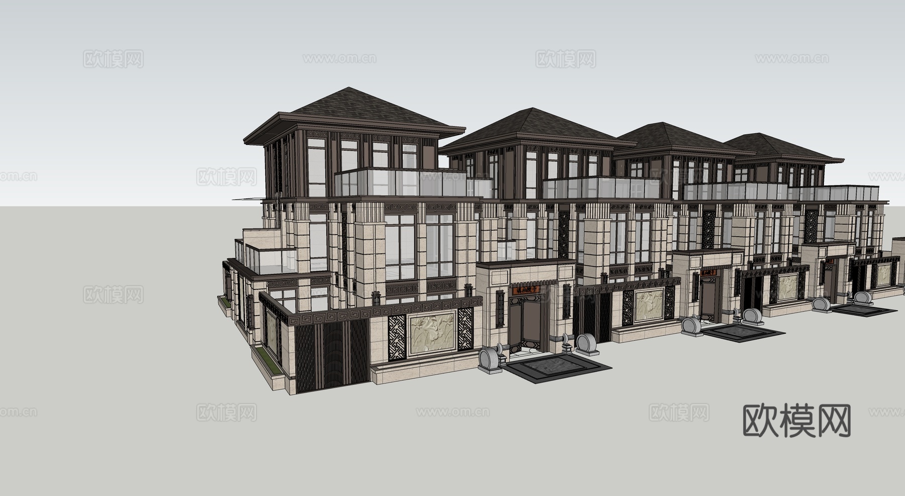 新中式联排别墅 斜顶su模型下载_ID16227625_sketchup模型下载-欧模网