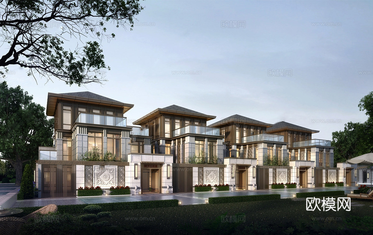 新中式联排别墅 斜顶su模型下载_ID16227625_sketchup模型下载-欧模网