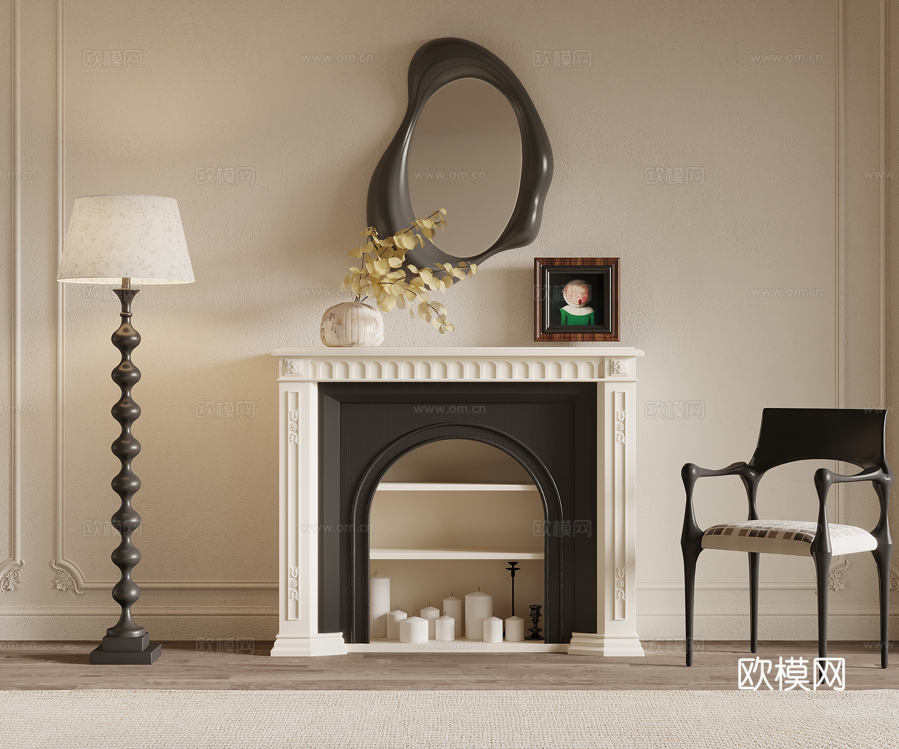 法式复古风壁炉 落地灯 休闲椅3d模型下载_ID16234060_3dmax免费模型-欧模网