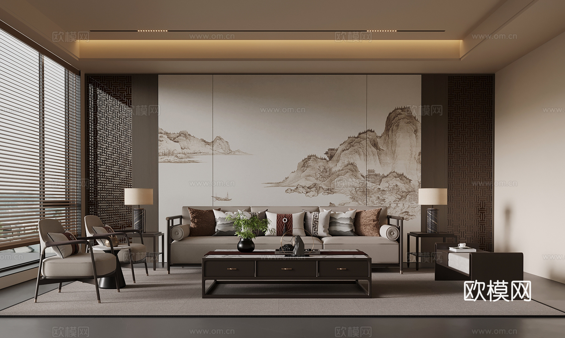 新中式沙发茶几组合 背景墙3d模型下载_ID16233855_3dmax免费模型-欧模网